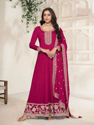 Buy Seerat Magenta White Thread Embroidery Silk Anarkali Kurta with ...