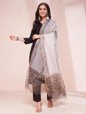 Buy Fabindia White Cotton Silk Blend Hand Block Printed Tasselled ...