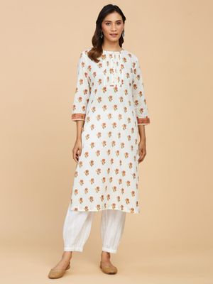 Buy Fabindia White Cotton Hand Block Printed Long Kurta Online