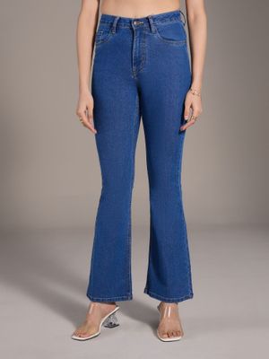 Buy Britney Blue Solid Mid Waist Bootcut Denims Online