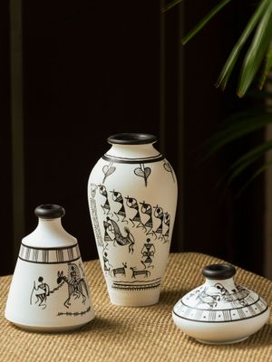 Buy ExclusiveLane 'Warli White Matkis' Hand-Painted Vases Combo In ...
