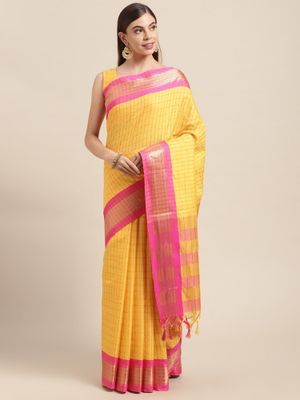 Buy Vastranand Yellow & Pink Checked Zari Pure Silk Gadwal Saree with ...