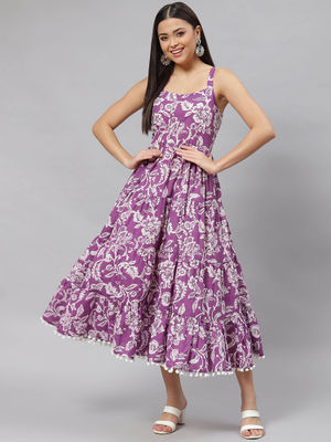 Buy Divena Purple Floral Shoulder Strip Midi Dress Online