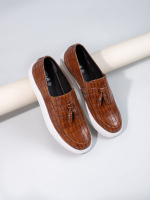 Buy Styli Men Tan Croc Embossed Slip On Loafers Online