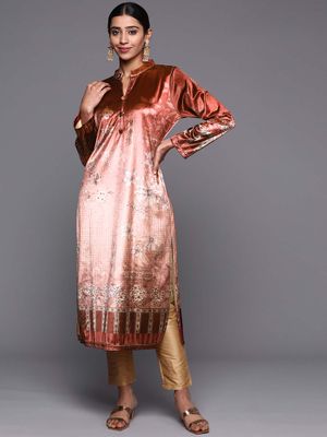 Buy Libas Rust Velvet All-Over Floral Printed Kurta (3XL) Online