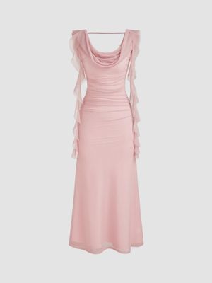 Buy Cider Pink Cowl Neck Solid Ruffle Hem Ruched Maxi Dress (S) Online