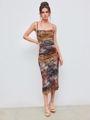 Buy Cider Brown Mesh Cowl Neck Floral Ruched Cami Maxi Dress (S) Online