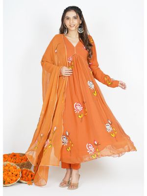Buy SUTRA CLOTHING Orange Rose Anarkali Kurta & Pant with Dupatta (Set ...