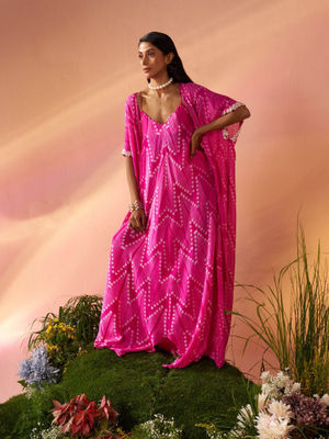 Buy Rukinder Kumar Pink Shibori Cape with Dress (Set of 2) (S) Online