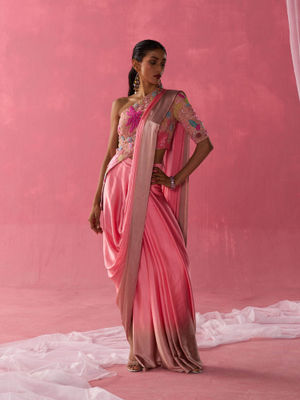 Buy Rukinder Kumar Pink Sunset Glamour Draped Saree with Stitched (S ...