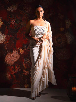 Buy Rukinder Kumar Ivory Cascade Draped Saree with Stitched (XS) Online