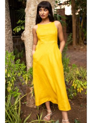 Buy Creatures of Habit Linen Cutaway Maxi Dress- Mustard Online