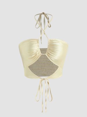 Buy Cider Solid Shirred Drawstring Halter Top Online