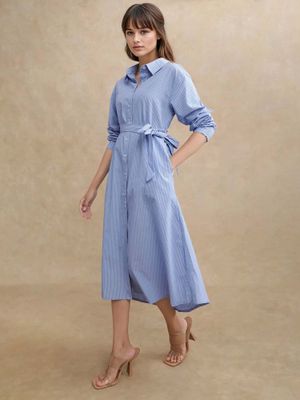 Buy RAREISM Blue Stripes Midi Fit Dress and Belt (Set of 2) (XXS) Online