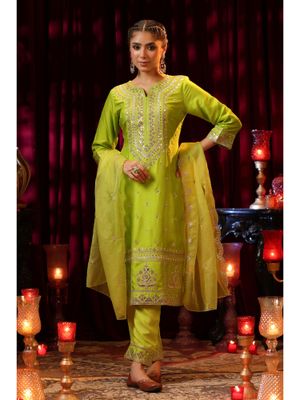 Buy Scakhi Lime Green Dupion Silk Dori Embroidered Suit Set (Set of 3 ...