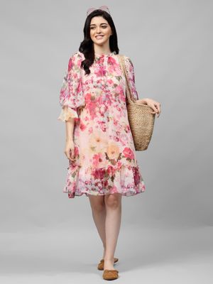 Buy AAREIN Women Pink Floral Printed A Line Midi Dress (XL) Online