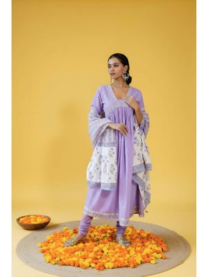 Buy LABEL MAE Lavender Floral Anarkali with Churidar & Dupatta (XS) Online