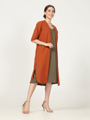 Buy Saltpetre Women Organic Cotton Rust Solid Open Front Long Shrug ...