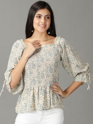 Buy SHOWOFF Womens Full Sleeves Square Neck Off White Printed Top Online