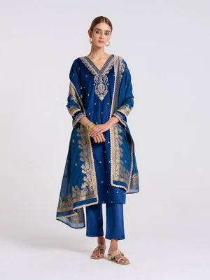 Buy Rustorange Royal Blue Varak Embroidered Velvet Kurta with Pant and ...