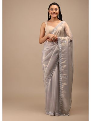 Buy KALKI FASHION Lilac Grey Glass Tissue Saree In Mirror Abla ...