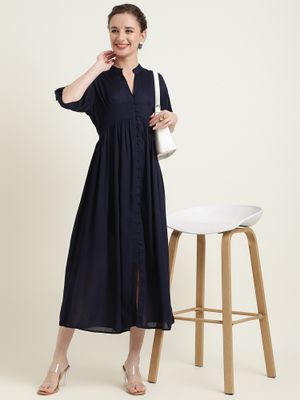Buy Zari Jaipur Blue Cotton Empire Midi Dress (S) Online