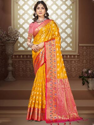 Buy Sangam Prints Yellow Silk Woven Work Traditional Saree with ...