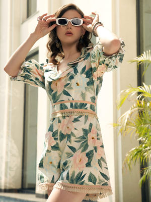 Buy IKI CHIC Floral Print V-Neck Puffed Sleeves Playsuit Online
