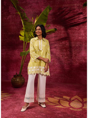 Buy Lakshita Kashni Yellow Embroidered Schiffli Tunic for Women Online