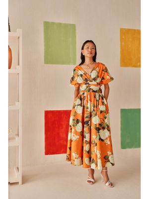 Buy Sage By Mala Orange Floral Printed Valencia Dress (XS) Online