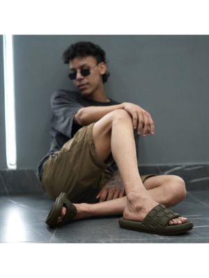 Buy SOLETHREADS Puffer Olive Solid Men Sliders Online