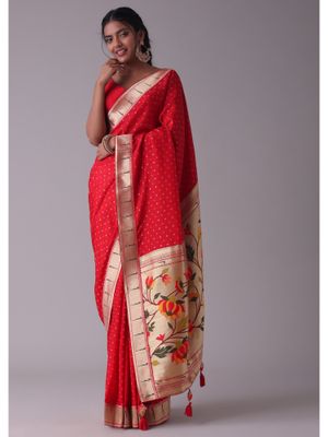 Buy KALKI FASHION Tomato Red Silk Bandhani Saree with Unstitched Blouse ...