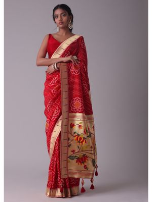 Buy KALKI FASHION Bittersweet Red Silk Bandhani Saree with Unstitched Blouse Online