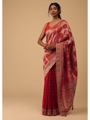 Buy KALKI FASHION Carmine Red Dola Silk Banarasi Saree with Bandhani Weave with Unstitched ...