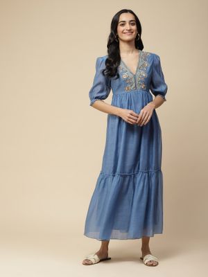 Buy Aarke Ritu Kumar Blue Embroidered Tiered Long Maxi Dress Online