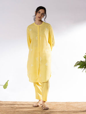 Buy PANTS AND PAJAMAS Yellow Chikan Cotton Kurta Shirt & Salwar (Set of ...