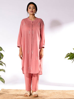 Buy PANTS AND PAJAMAS Peach Chikan Cotton Kurta Shirt & Salwar (Set of ...