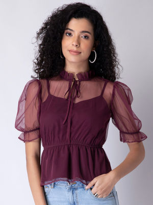 Buy FabAlley Wine Mesh Frill High Neck Peplum Top Online