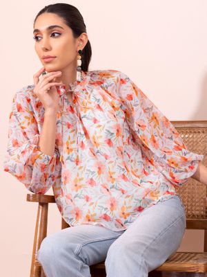 Buy FabAlley White Floral Print Neck Tie Raglam Sleeve Top Online