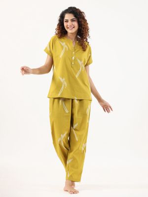 Buy SAY Mustard Color Printed Women Pure Cotton Top & Pyjama Night Suit ...
