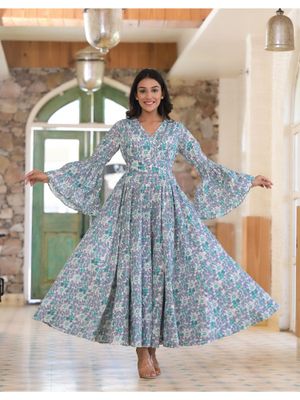 Buy Hatheli Blue Floral Hand Block Cotton Dress online