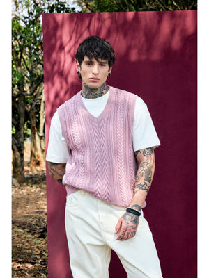 Buy Snitch Pink Bordeaux Cable Knitted Sweater Vest (XS) Online