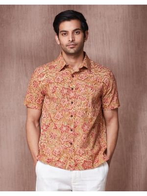 Buy Fabindia Men Mustard Cotton Collar Neck Printed Kalamkari Shirt (XS ...