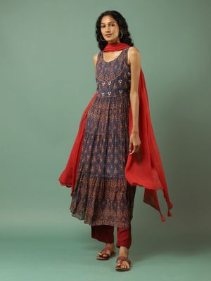 Buy Aarke Ritu Kumar Blue Printed Anarkali Kurta with Pant and Dupatta ...