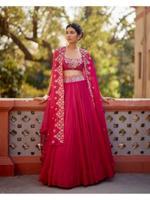 Buy Mrunalini Rao Ishaan Pink Crop Top With Lehenga & Cape (Set of 3 ...