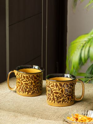 Buy ExclusiveLane 'Mughal Floral' Hand-painted Ceramic Tea & Coffee Mugs (Set of 2, 400 ML) Online