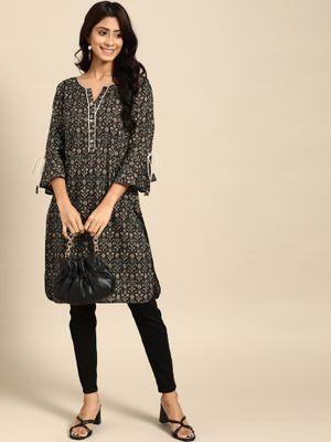 Buy Rangmayee Women Grey & Blue Sanganeri Block Print Straight Kurti Online