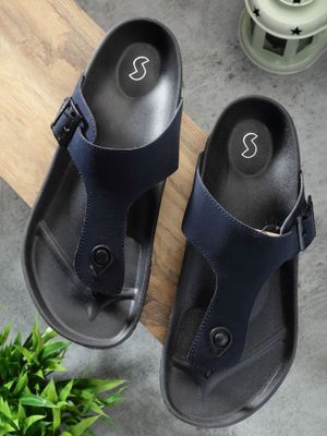 Buy SOLETHREADS Pharaoh Navy Solid T-Strap Men Slippers Online