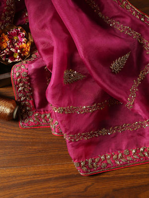 Buy WeaverStory Pink Embroidered Zardozi Borders Dupatta Online