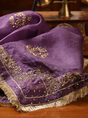 Buy WeaverStory Purple Embroidered Zardozi Borders Dupatta Online
